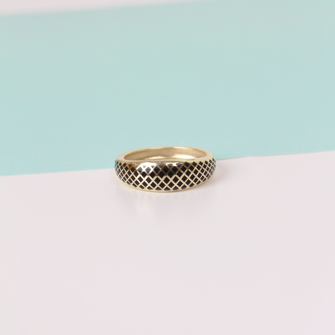 Gold Checkered Ring Dome Chunky Ring Black Enamel Ring 14k Solid Gold Checkered Ring 18k Gold ...