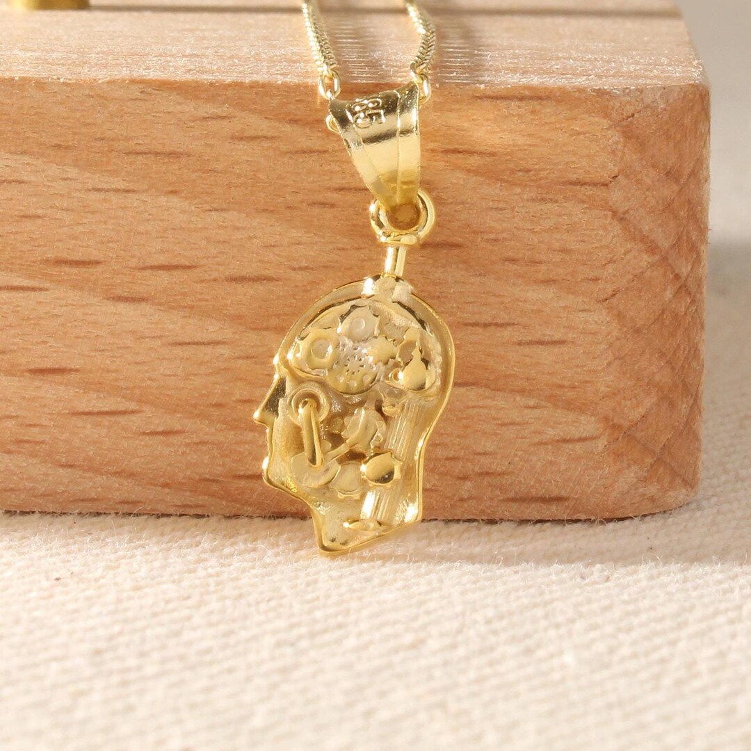 Gold Brain Gear Pendant Machine Brain Necklace Solid Gold Brain Pendant ...