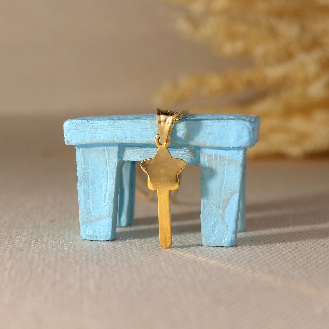 Gold Magic Wand Necklace 14k Solid Gold Pendant Star Magic Necklace 14k ...