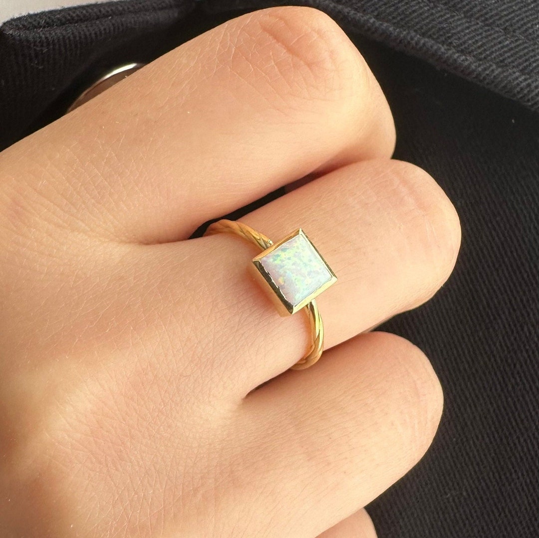 Opal Ring White Opal Ring Light Blue Opal 14k Square Opal Ring Twisted ...