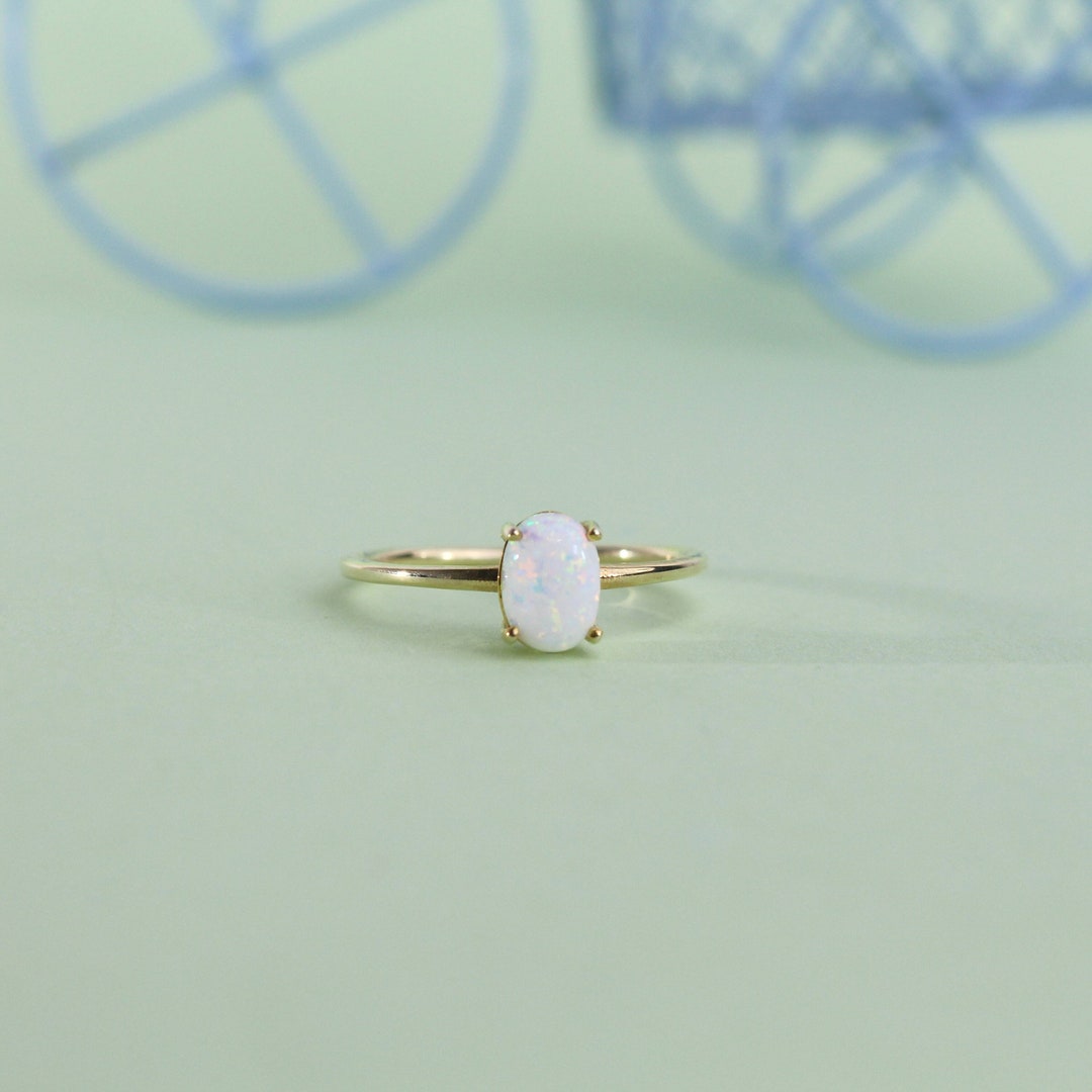 Gold Opal Ring 10k Gold Dainty Oval Opalite Ring White Opal Ring Simple Opal Ring 14k Solid Gold ...