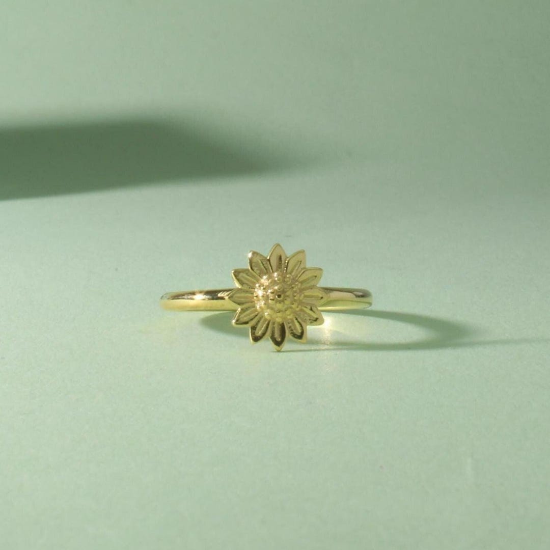 Dainty Solid Gold Sunflower Ring: Botanical 14k Gold Floral Jewelry ...