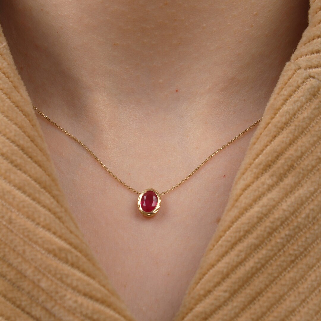 Dainty Ruby Necklace 14k Solid Gold Ruby Pendant Minimal Oval Ruby Necklace Vintage Pendant ...