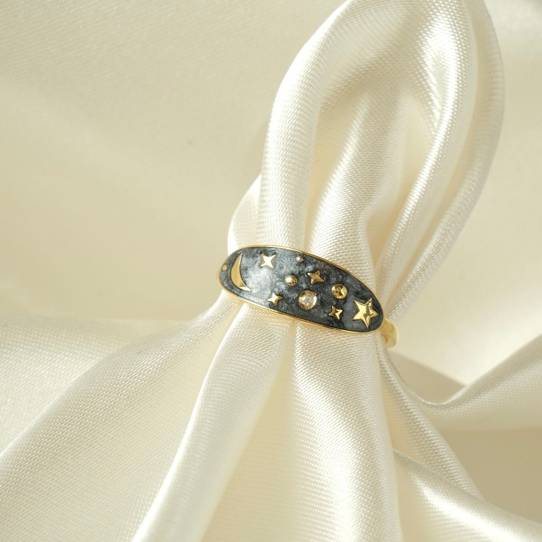 Celestial Gold Ring: Diamond Moon & Planet Jewelry - Unique ...