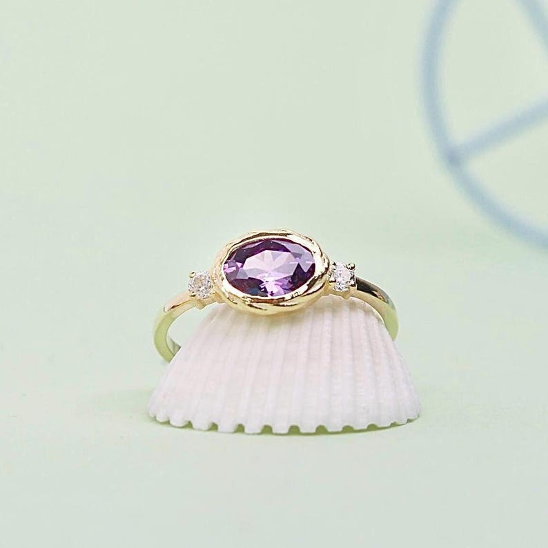 Handmade Amethyst Ring 14k Gold Oval Gemstone Valentines Gift February ...
