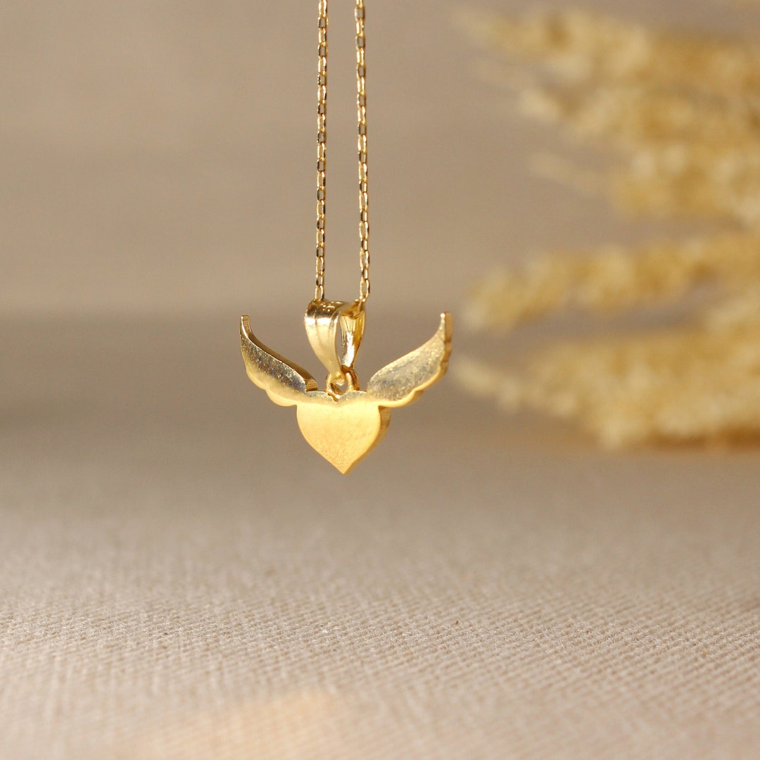 Engravable 14K Gold Angel Wing Heart Pendant: Personalized Celestial ...