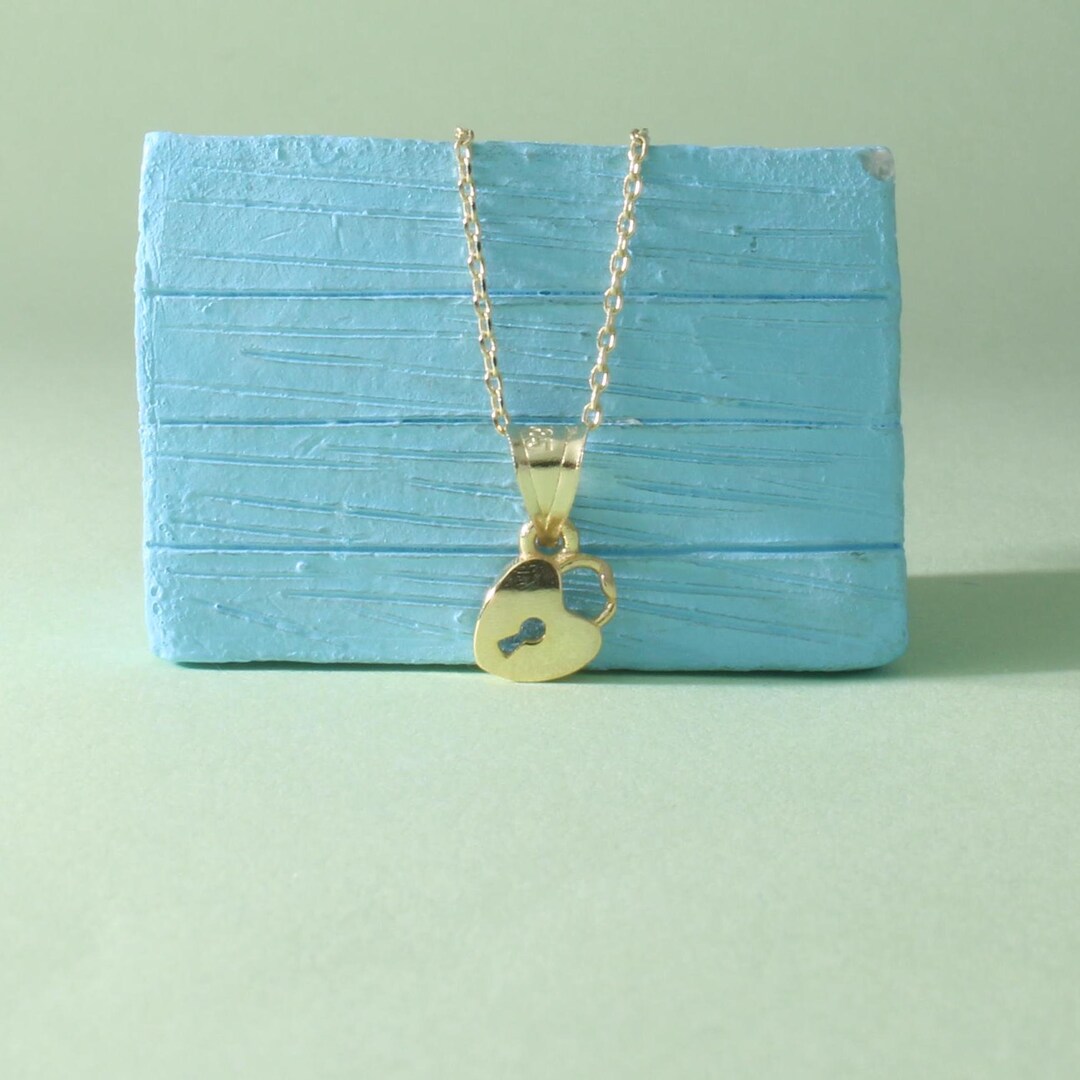 14k Solid Gold Lock Pendant Necklace - Dainty Lovers Charm With Color ...