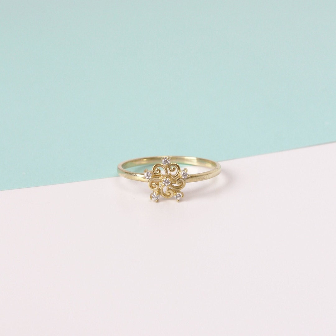 Celestial 14k/18k Solid Gold Sun & Star Ring - Minimalist Patterned ...