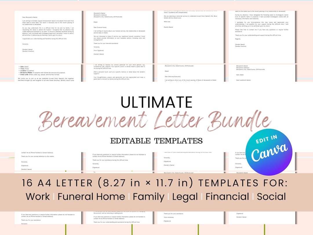 Bereavement Letter Templates: Editable A4 Bundle (PDF) - Etsy
