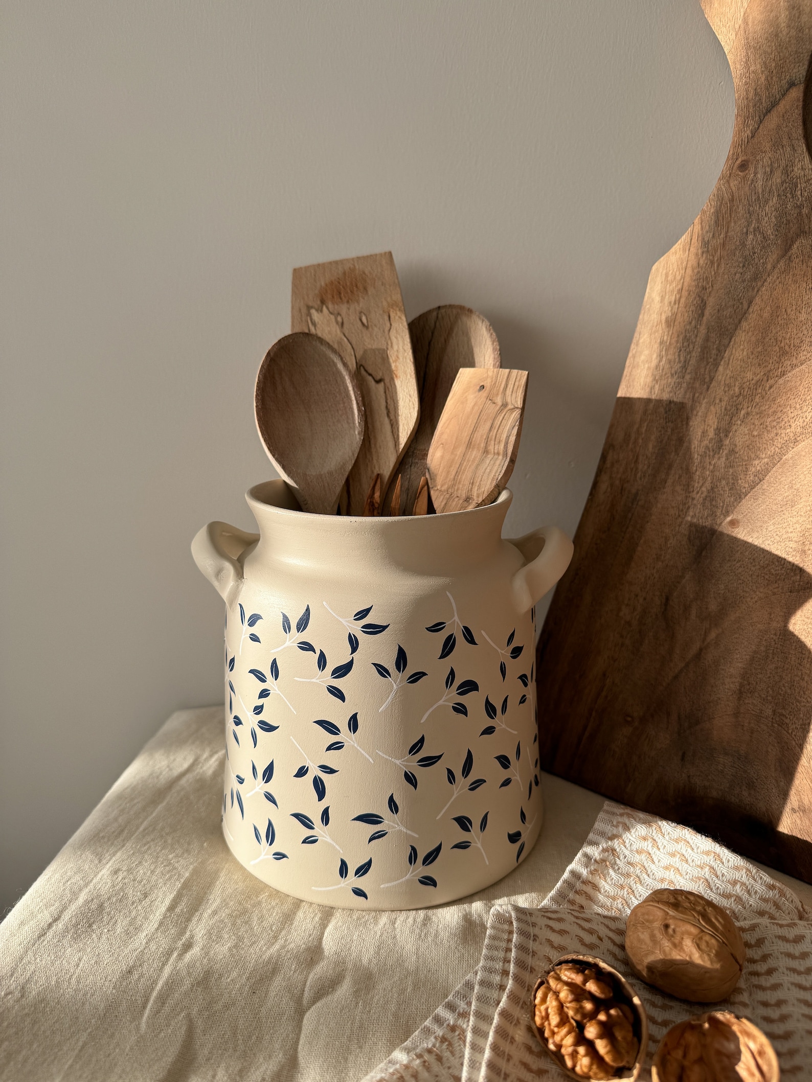 Floral Pattern Utensil Holder, Blue Leaf Ceramic Vase, Handmade Ceramic ...