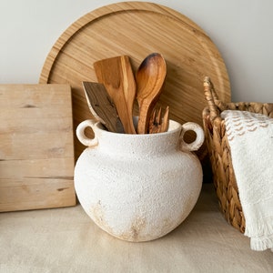 Rustic Kitchen Utensil Holder, White Textured Ceramic Vase, Handled ...