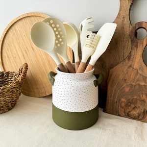 Handmade Green Dotted Ceramic Kitchen Utensil Holder, Speckled Handled ...