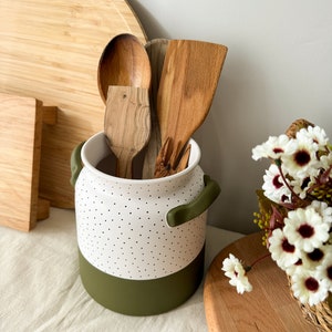 Handmade Green Dotted Ceramic Kitchen Utensil Holder, Speckled Handled ...