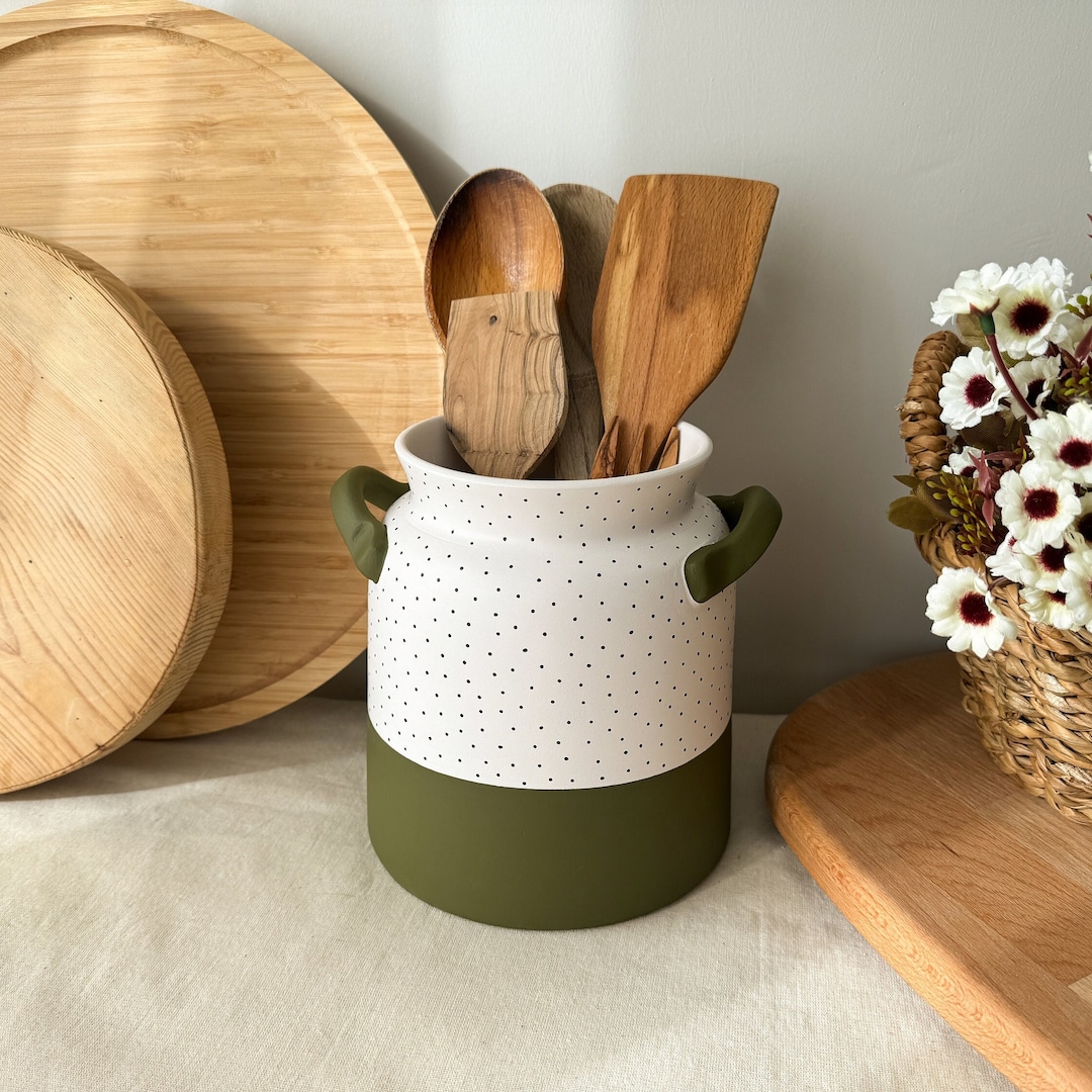 Handmade Green Dotted Ceramic Kitchen Utensil Holder, Speckled Handled ...