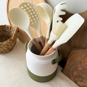 Handmade Green Dotted Ceramic Kitchen Utensil Holder, Speckled Handled ...