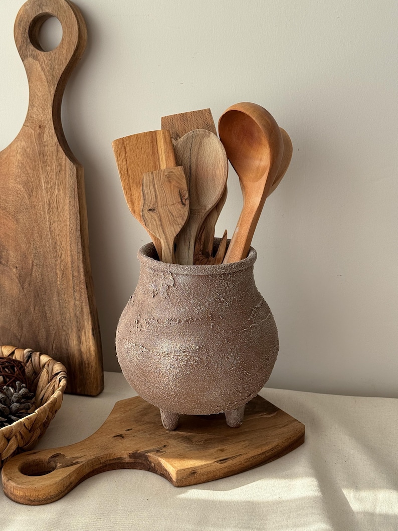 Large Ceramic Utensil Holder: Textured Kitchen Spoon Holder Beige Crock ...