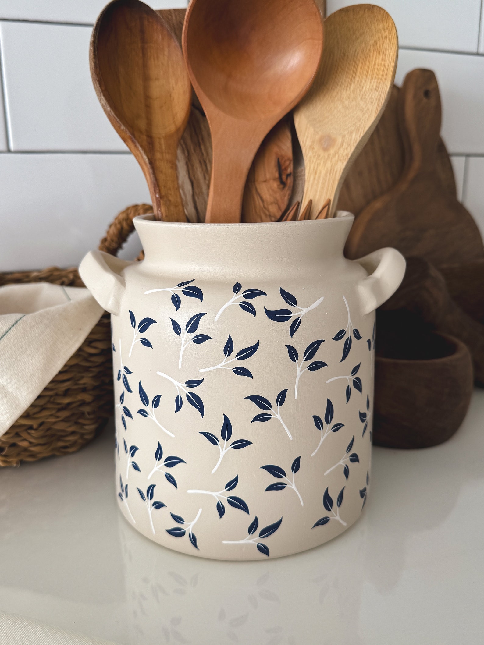 Floral Pattern Utensil Holder, Blue Leaf Ceramic Vase, Handmade Ceramic ...