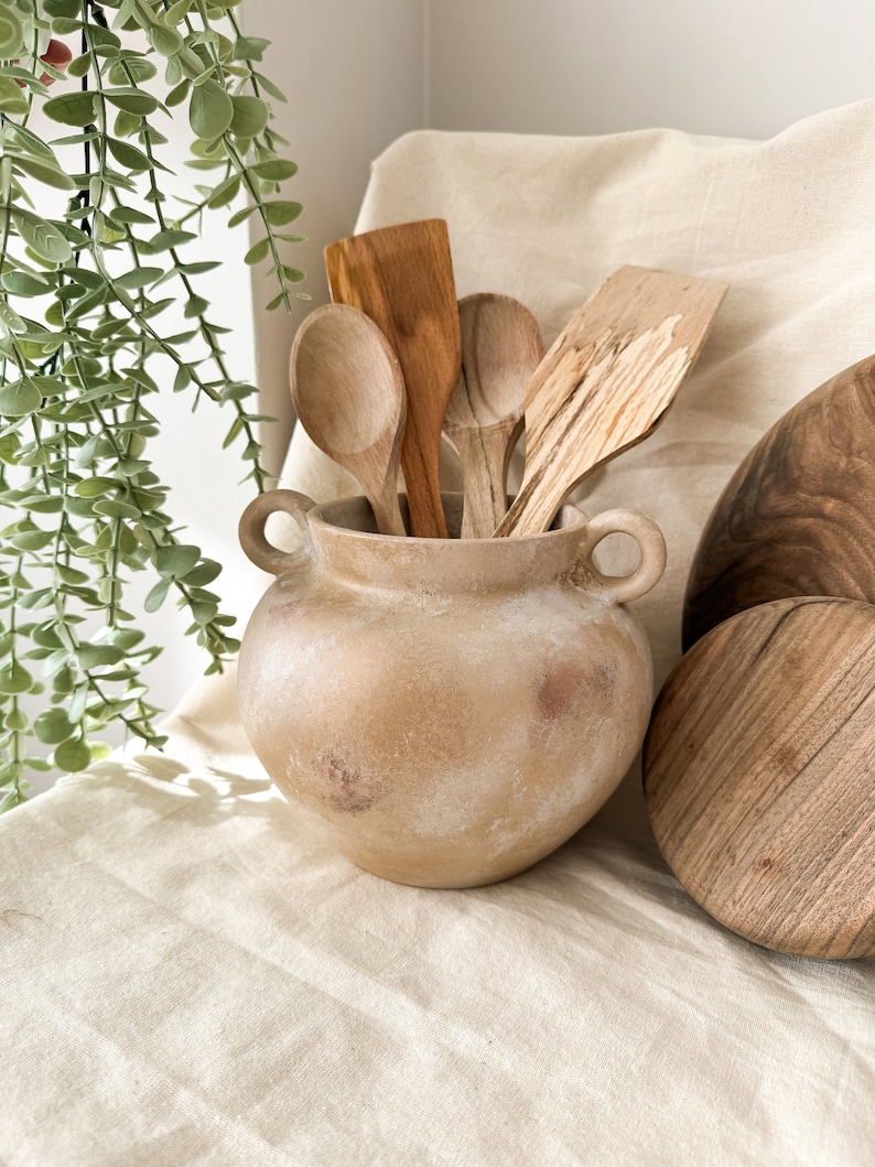 Rustic Utensil Holder, Vintage Handle Ceramic Vase, Kitchen Crock ...