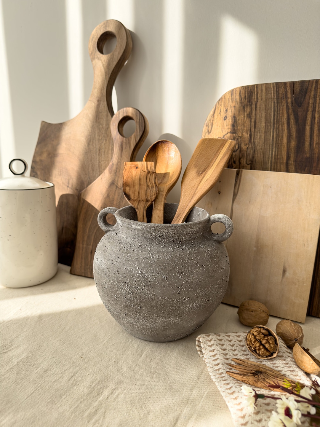 Gray Rustic Utensil Holder, Textured Handle Ceramic Vase, Kitchen Crock ...