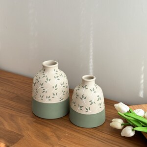 Set of 2 Bottle Ceramic Vase for Livingroom Decor, Hand Painted Ceramic Vase Green Floral Vase ...