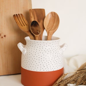 Dotted Ceramic Utensil Holder for Kitchen Decor: Handled Terracotta ...