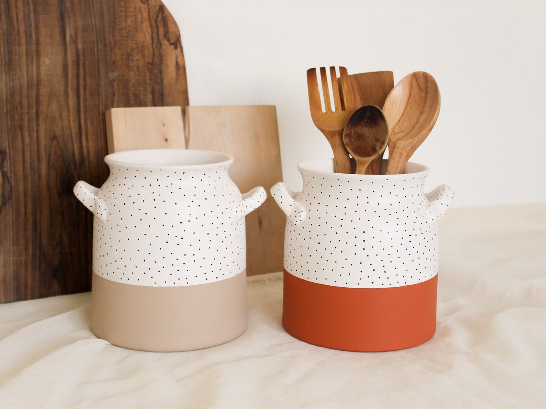 Dotted Ceramic Utensil Holder for Kitchen Decor: Handled Terracotta ...