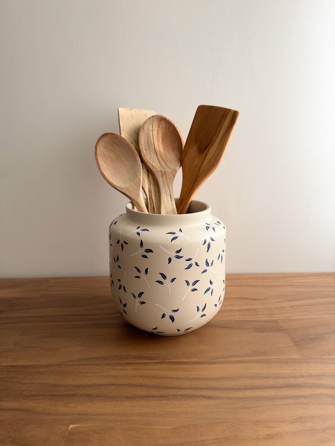 Floral Pattern Utensil Holder, Blue Leaf Ceramic Vase, Ceramic Crock ...