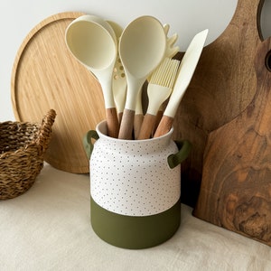 Handmade Green Dotted Ceramic Kitchen Utensil Holder, Speckled Handled ...