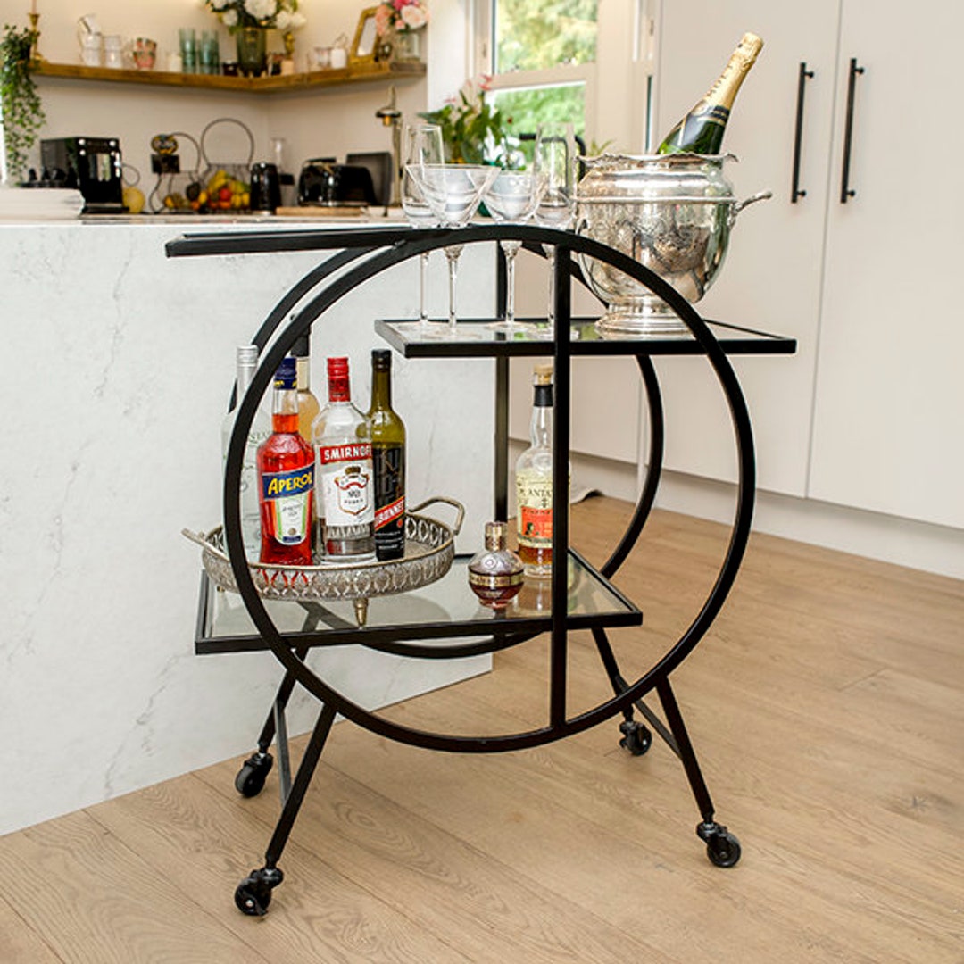 Black Art Deco Design Metal Drinks Trolley With Staggered Glass Shelves ...
