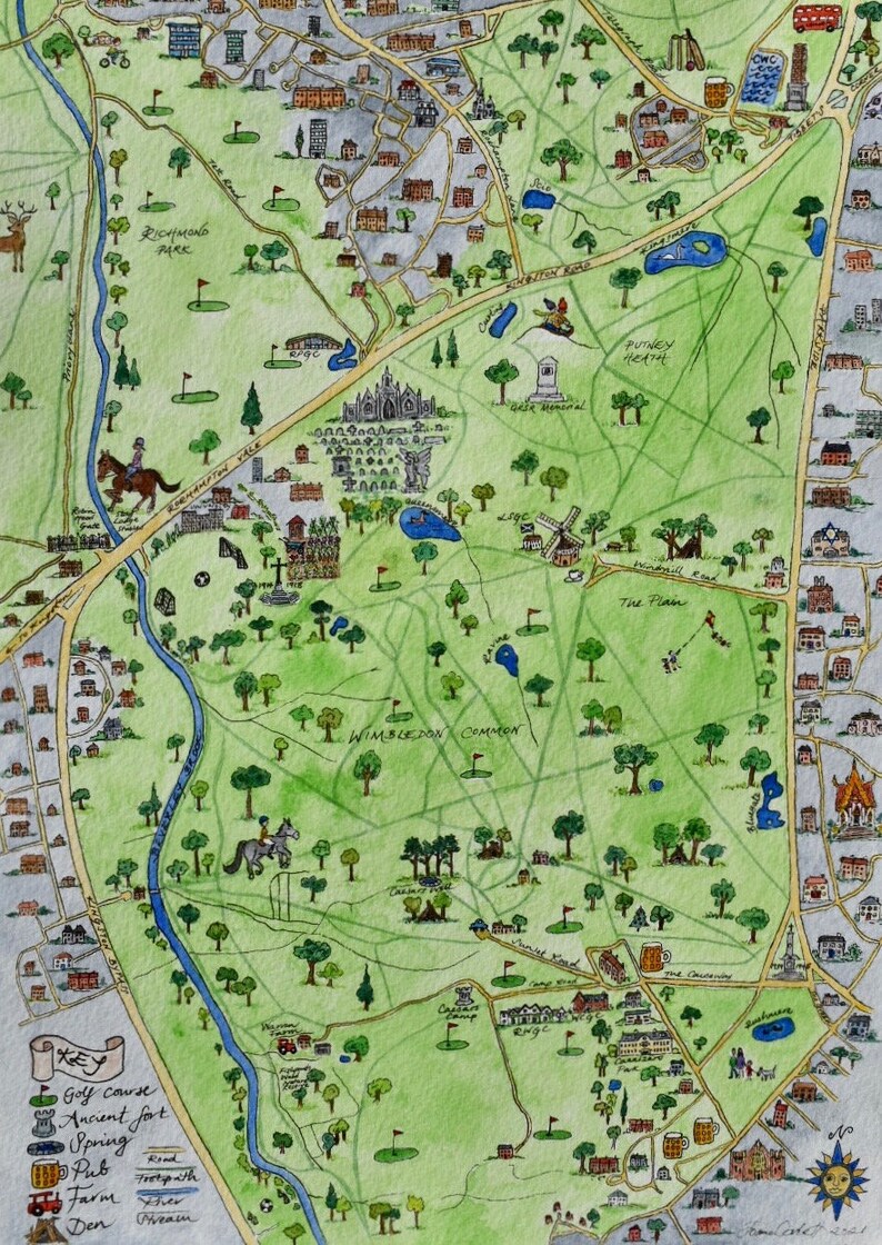 Wimbledon Common Map Antique Effect Print of Original Watercolour by Jo ...