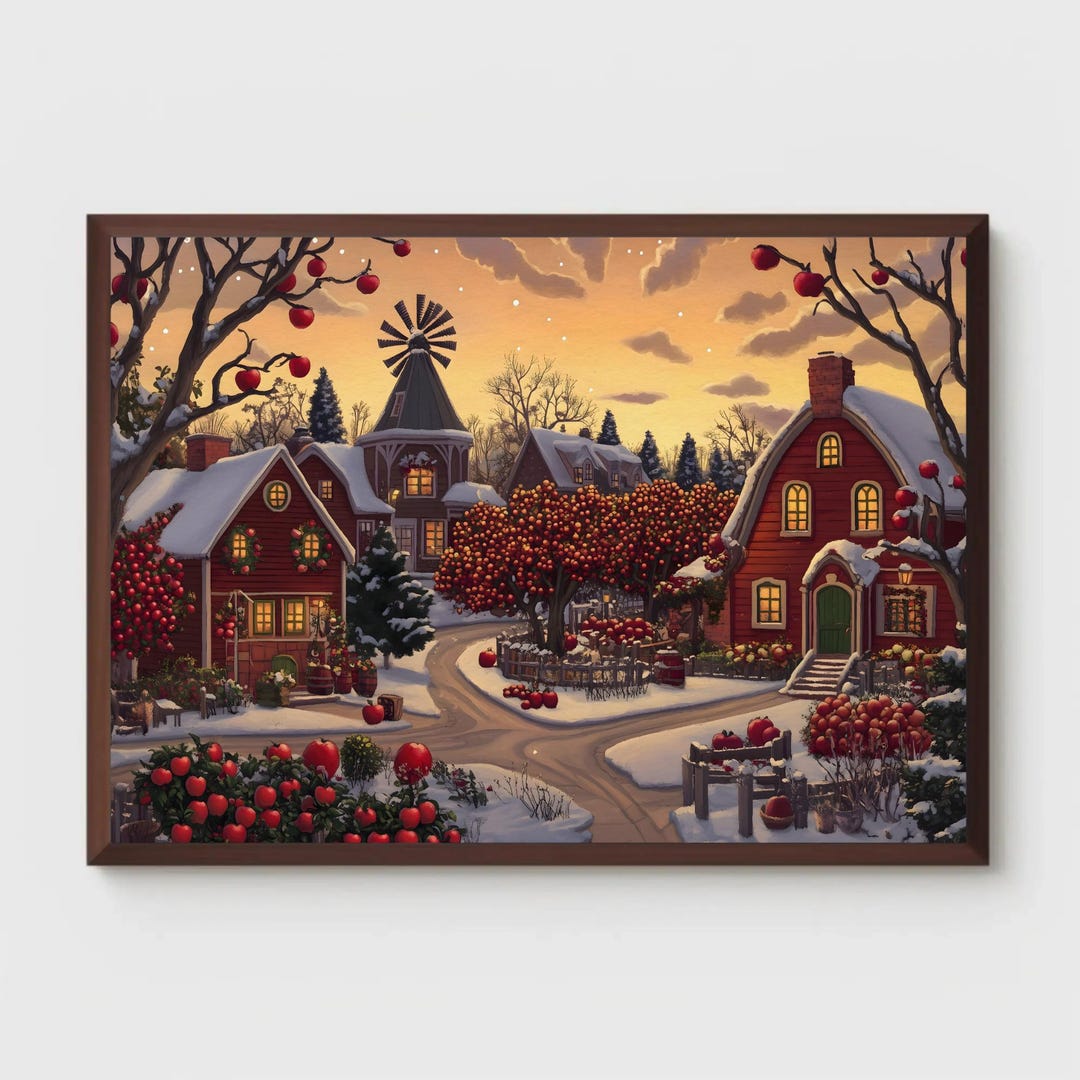Frosty Winter Village Red Wall Art of an Apple Orchard: Snowy Landscape ...