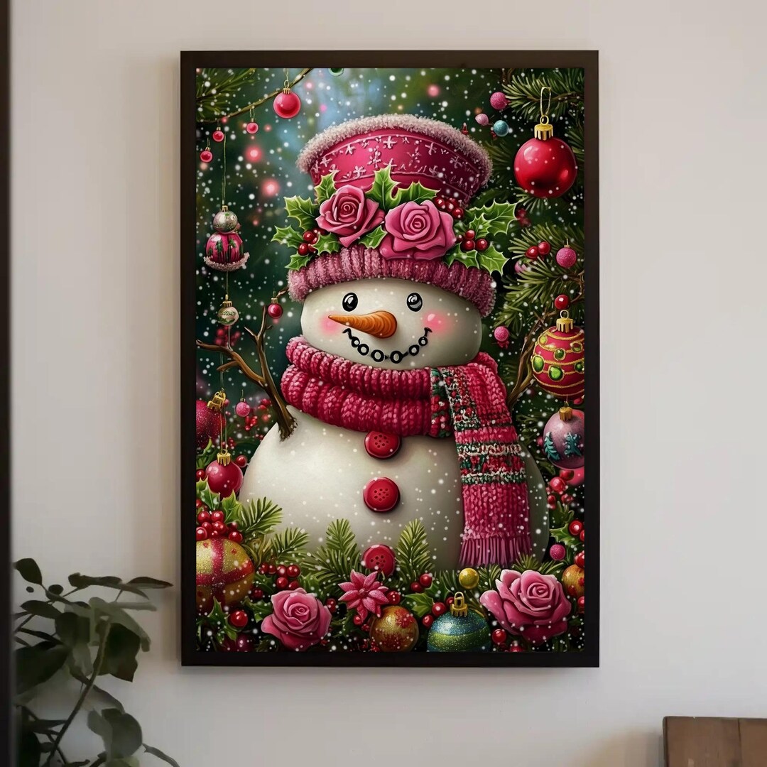 Whimsical Snowman Wall Art With Holly & Roses: Extra Large Christmas ...