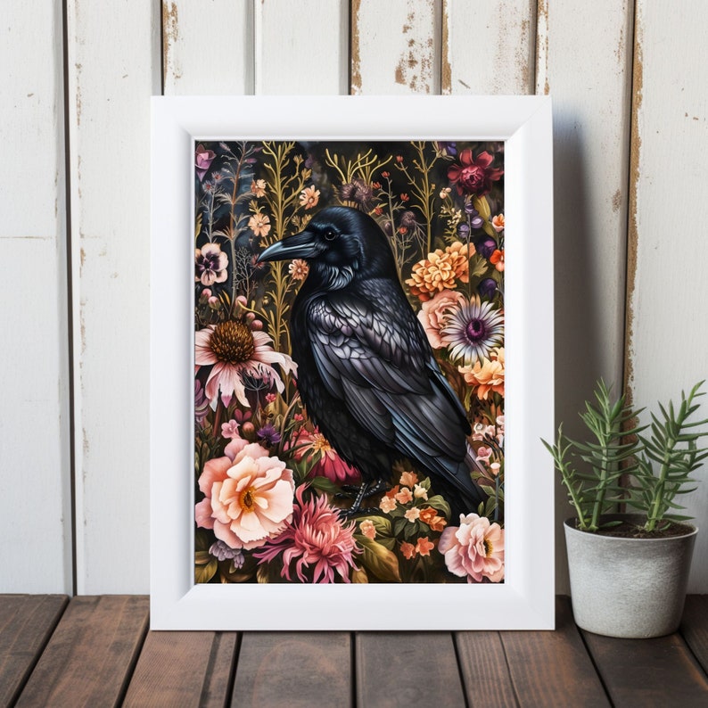 Raven Floral Art Print: Gothic Cottagecore Wall Decor | Raven Blossoms ...