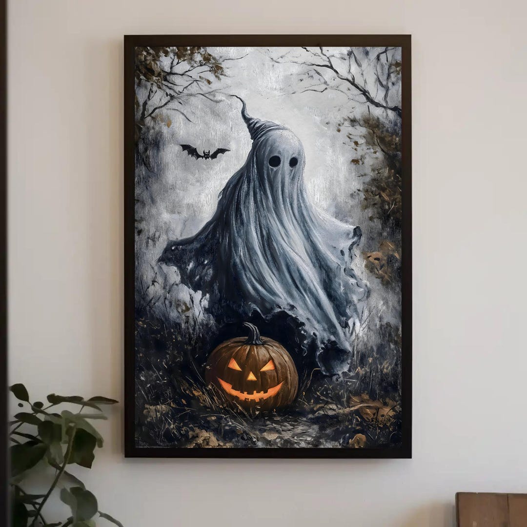 Cute Ghost Painting With Jack-o'-lantern, Halloween Wall Art for Spooky ...