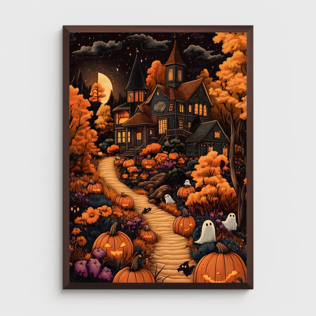 Halloween Town Folk Art Print, Fall Wall Art, Autumn Artwork Halloween ...
