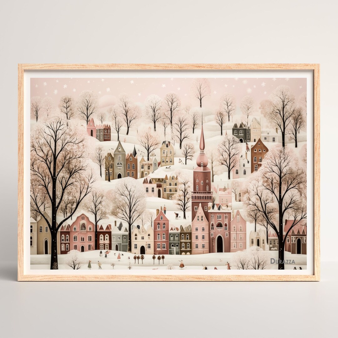 Snowy Serenity Satin Art Print: Winter Wonderland Folk Art With a Pink ...