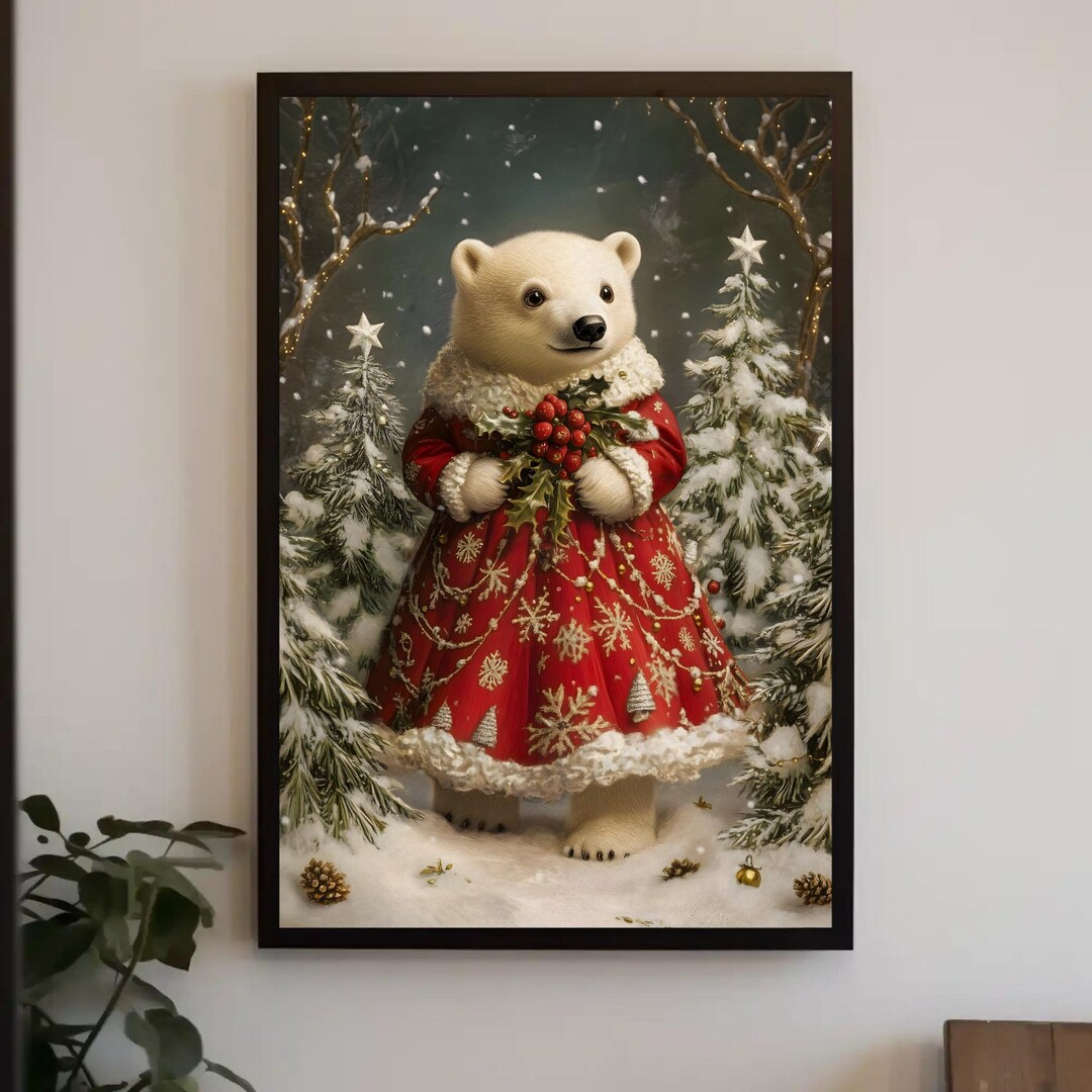 Victorian Polar Bear Print: Winter Forest Wall Art, Christmas Holly and ...