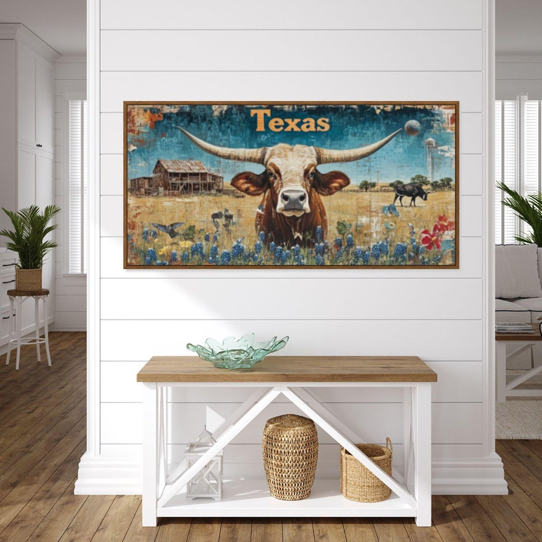 Western Wall Art: Texas Longhorn Portrait With Bluebonnets for a ...
