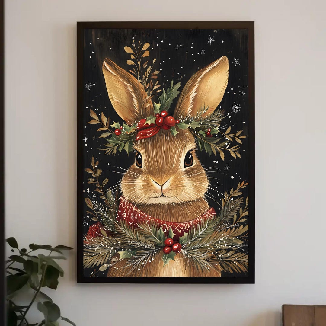 Bunny Rabbit Holiday Wall Art: Winter Wildlife Wall Decor for Rustic ...