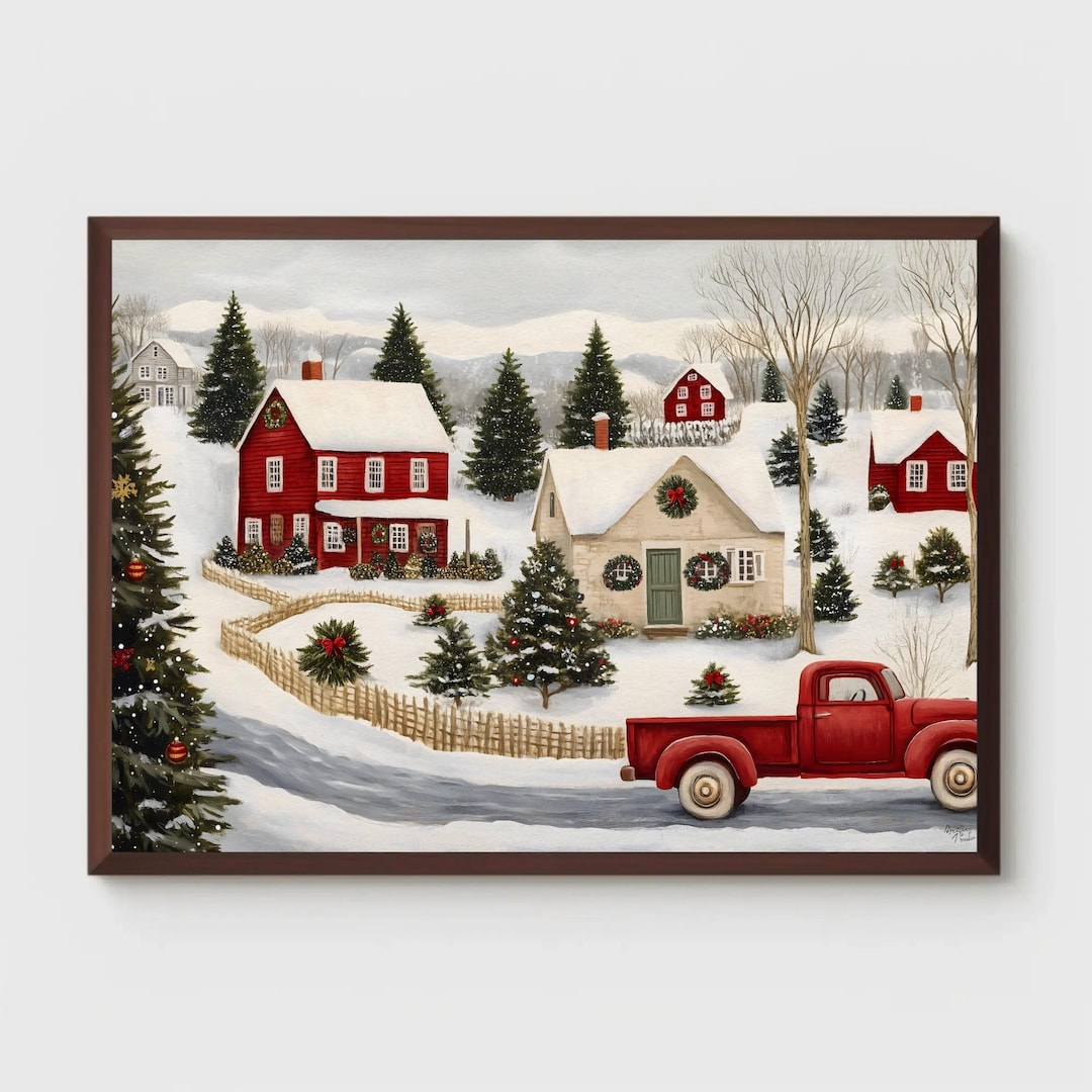 Snowy Winter Village Wall Art: Festive Christmas Scene Holiday Decor ...