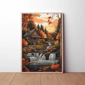 Autumn Cabin Wall Art, Waterfall Nature Art for Rustic Thanksgiving ...