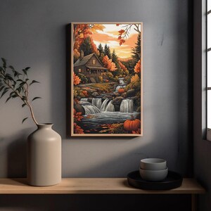 Autumn Cabin Wall Art, Waterfall Nature Art for Rustic Thanksgiving ...