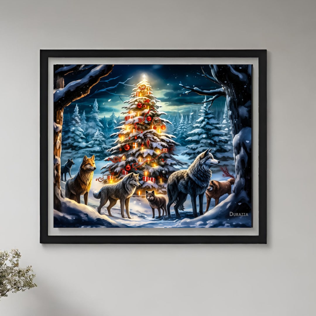 Wolf Holiday Art Print: Christmas Tree Forest Scene | Winter Wolf Pack ...