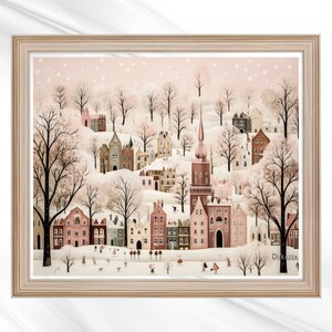 Snowy Serenity Satin Art Print: Winter Wonderland Folk Art With a Pink ...