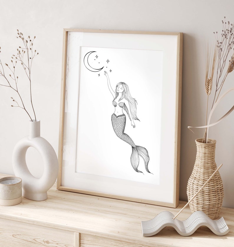 Mermaid Moon Stars Art Print: Minimalist Celestial Illustration ...