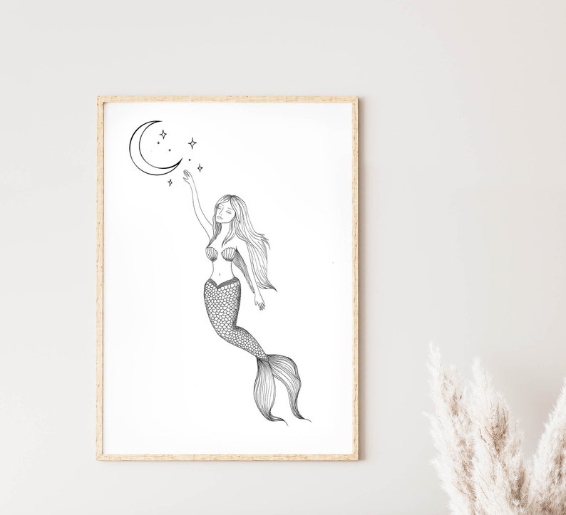 Mermaid Moon Stars Art Print: Minimalist Celestial Illustration ...