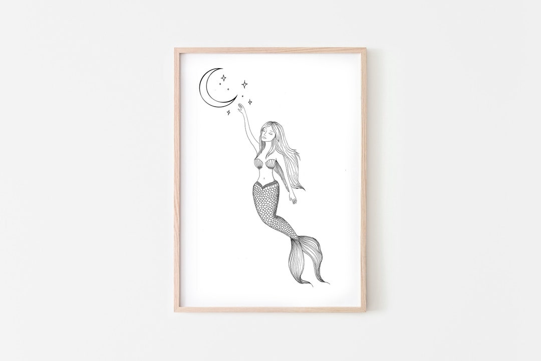 Mermaid Moon Stars Art Print: Minimalist Celestial Illustration ...