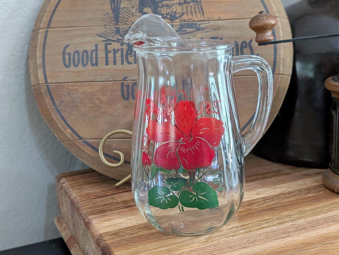 Vintage Glass Pitcher With Red Floral Design | Retro Juice Pitcher ...
