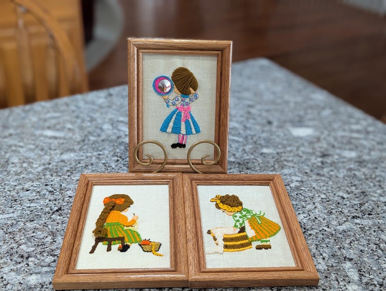 Vintage Crewel Embroidery Wall Art Set of 3 Framed Needlework Girls ...