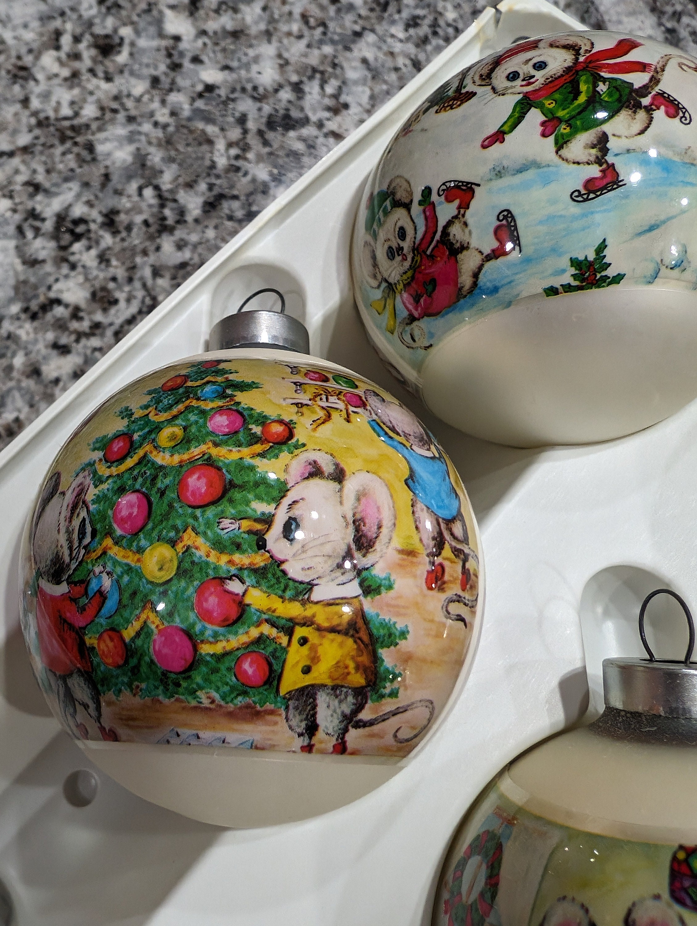 Vintage Corning Glass Works Mouse Family Glass Christmas Ornaments Box ...
